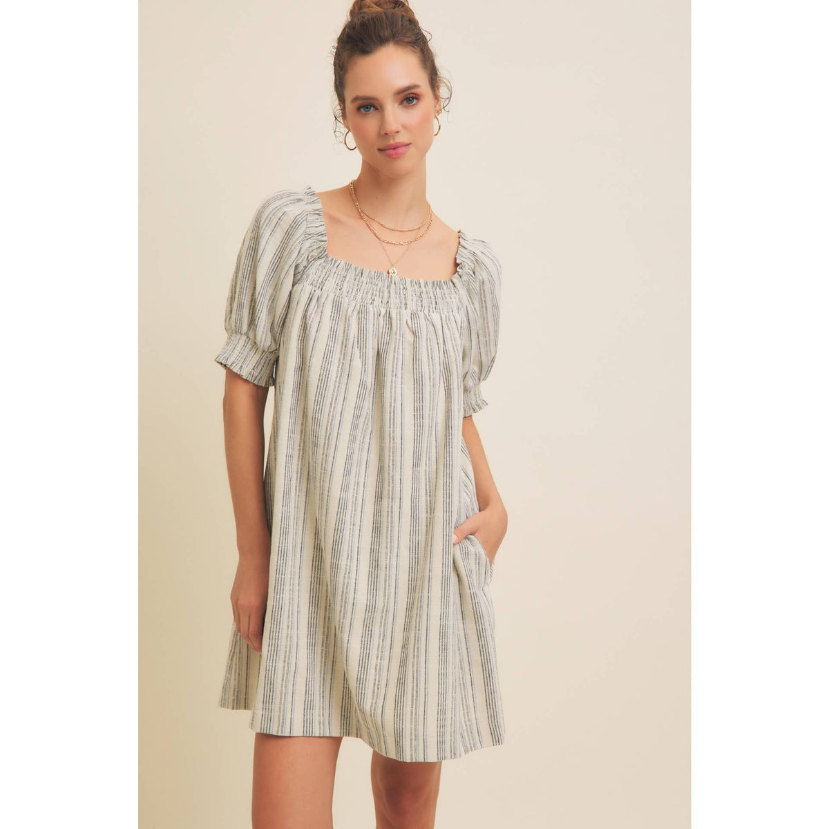 COTTON LINEN STRIPE MINI DRESS WITH SMOCKED SLEEVES — Cedar & Thread